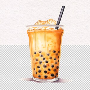 Watercolor Bubble Tea Clip Art Transparent Boba Tea PNG Popping Boba ...