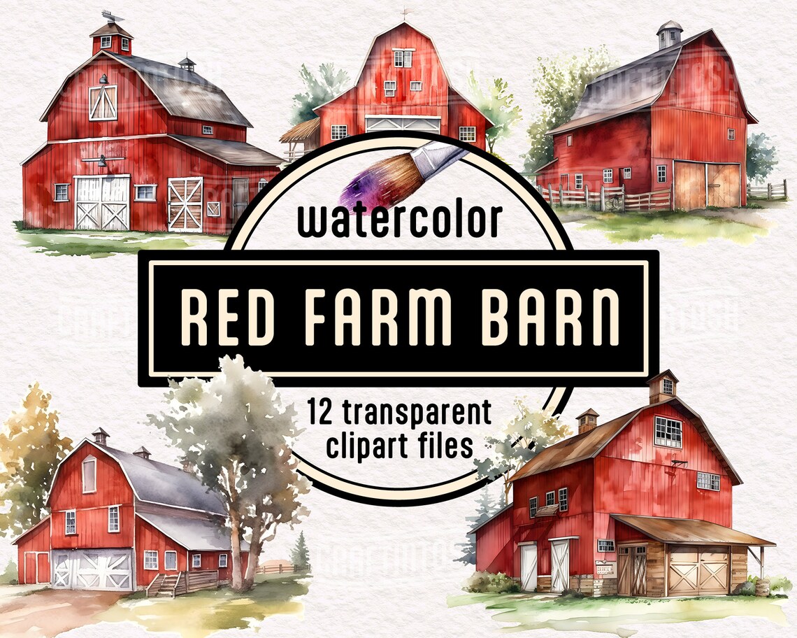 Red Farm Barn Clipart Watercolor Barn Traditional Farmers House ...