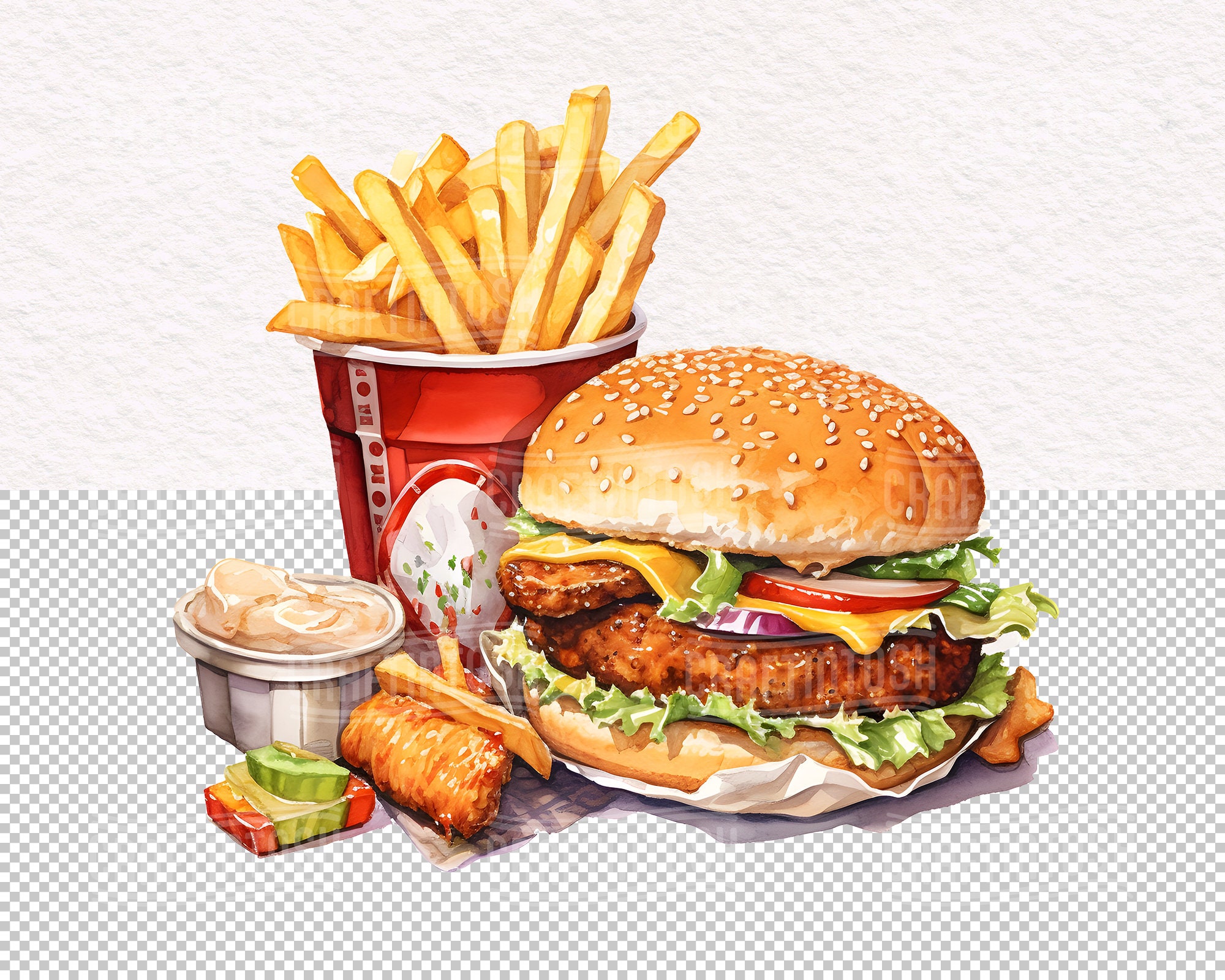 Watercolor Fast Food Clipart Burger Clipart French Fries Potato Chips ...