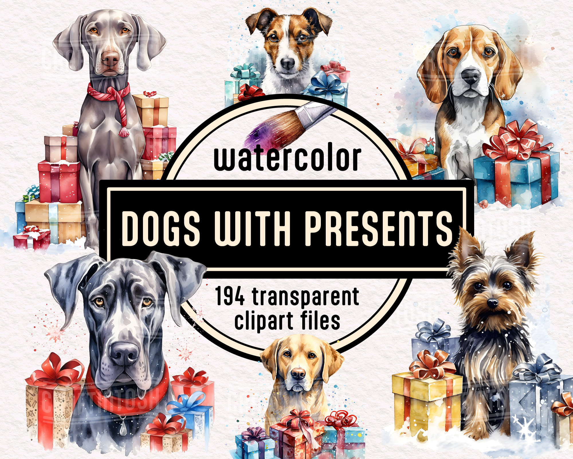 Watercolor Dog With Presents PNG Clipart - Dogs With Christmas Gifts ...