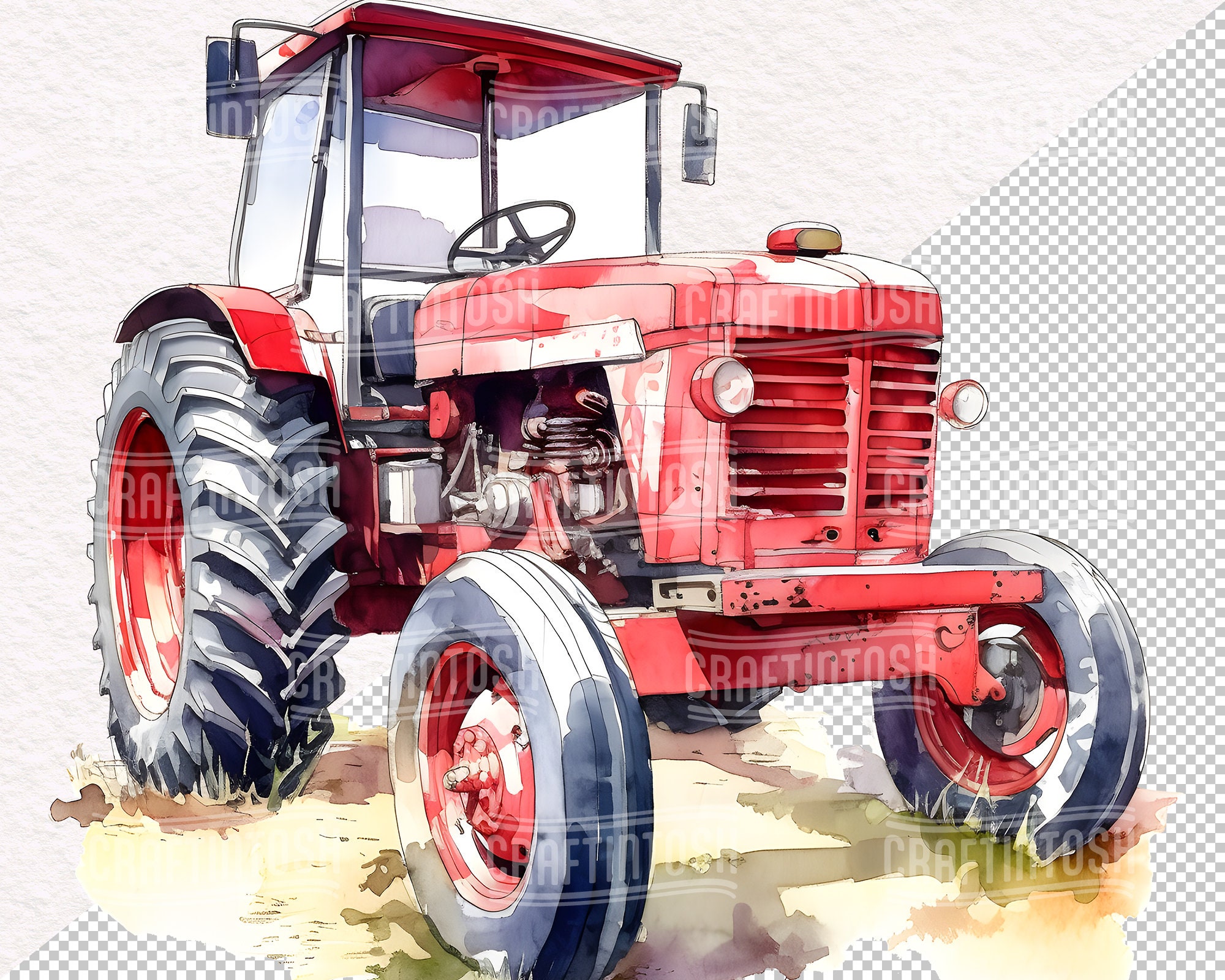 Watercolor Red Yellow Green Tractor Clipart PNG Set - Digital Graphics ...