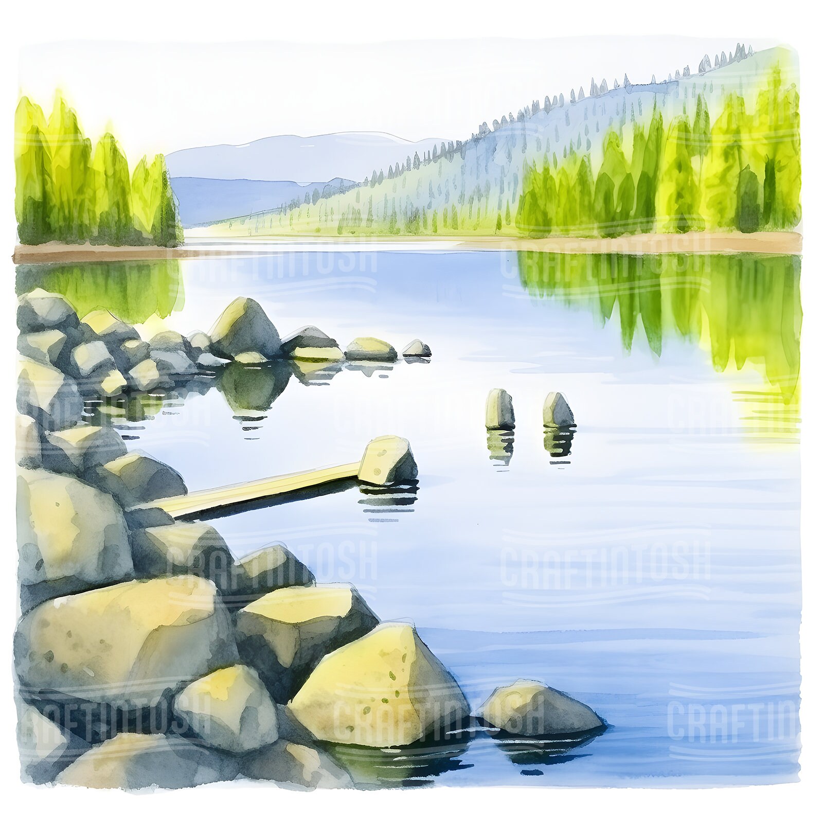 Calm Lake Watercolor Clipart Bundle - Forest Lake Background PNG Clip ...