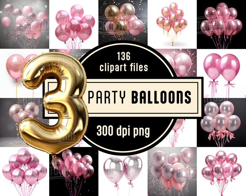 Pink Party Balloons Clipart Pack - 136 PNG Digital Graphics Instant ...