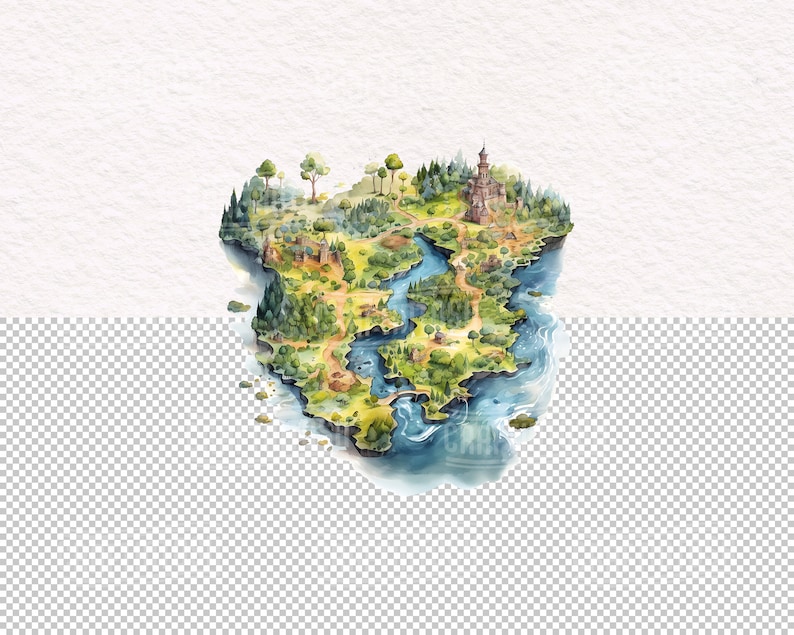 Watercolor Fantasy Land Map Clipart - Fantasy World Adventure Map ...