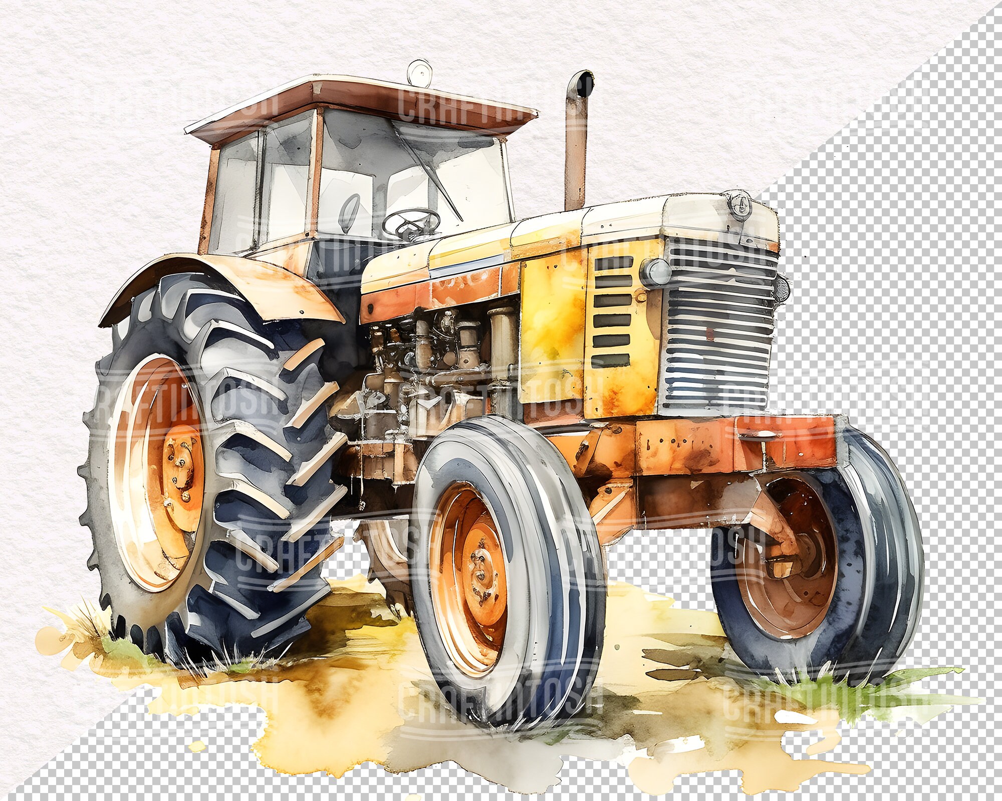 Watercolor Red Yellow Green Tractor Clipart PNG Set - Digital Graphics ...