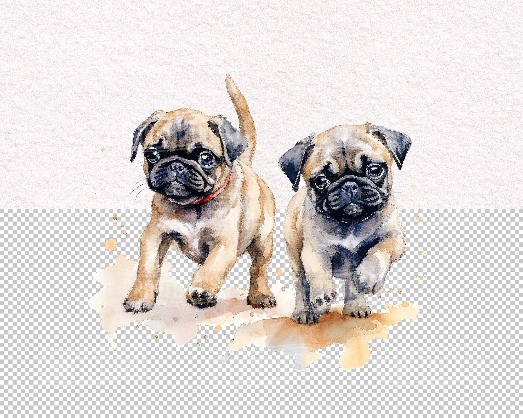 Watercolor Pug Dog and Puppies Clipart - Cute Pet Portrait Animal PNG ...