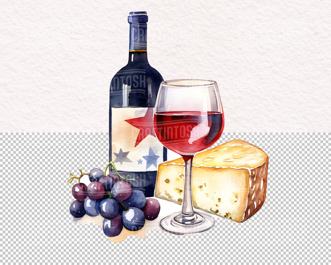 Watercolor Wine and Cheese Clipart Bundle PNG Cheese Board Wine Grapes ...