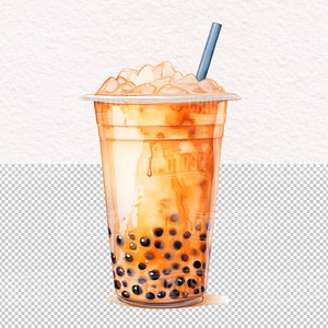 Watercolor Bubble Tea Clip Art Transparent Boba Tea PNG Popping Boba ...