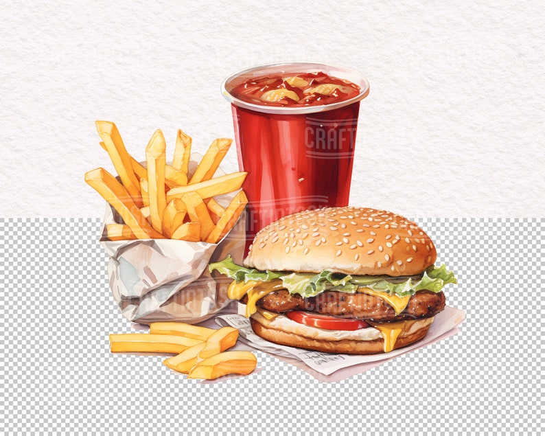 Watercolor Fast Food Clipart Burger Clipart French Fries Potato Chips ...