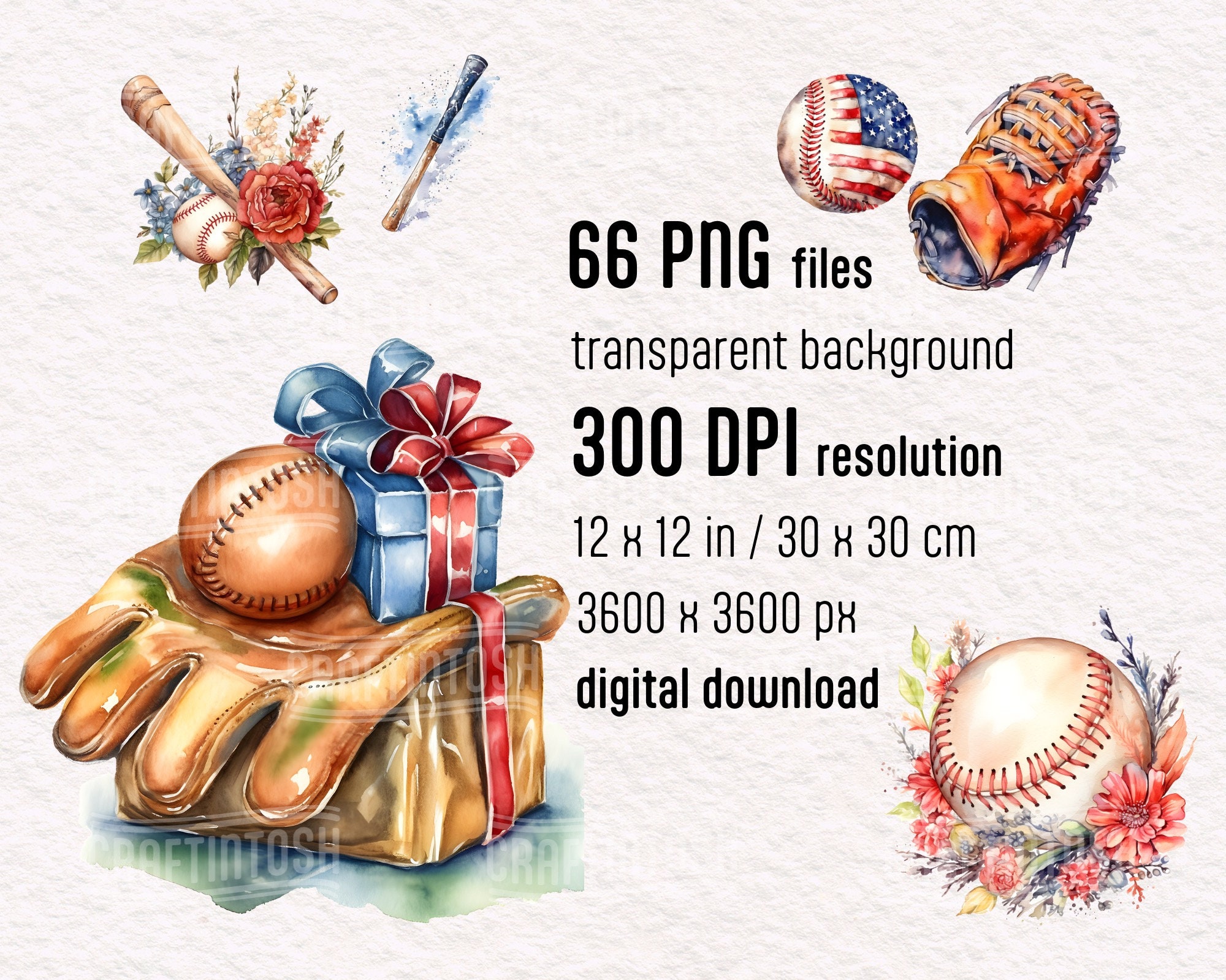 Watercolor Baseball Clipart Set 66 Softball Sports PNG Ball Bat Glove ...