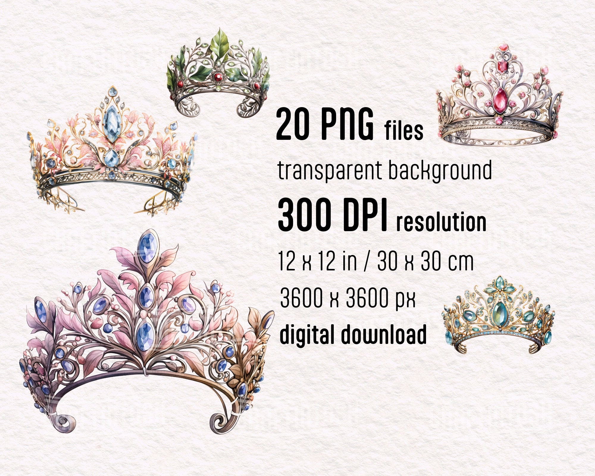 Watercolor Crown & Tiara Clipart PNG Set Commercial Use High Resolution ...