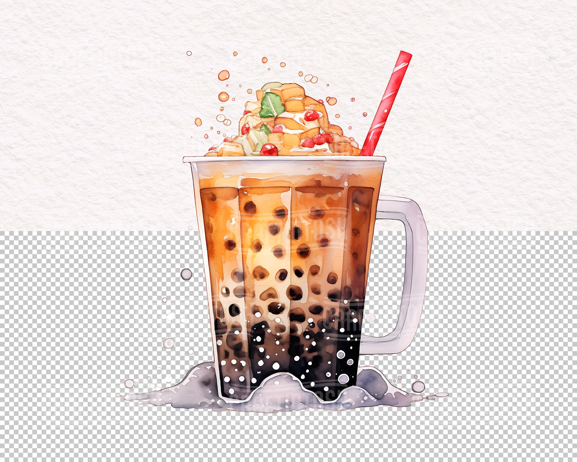 Watercolor Boba Tea Clipart - Bubble Tea PNG Tapioca Tea Boba Nai Cha ...