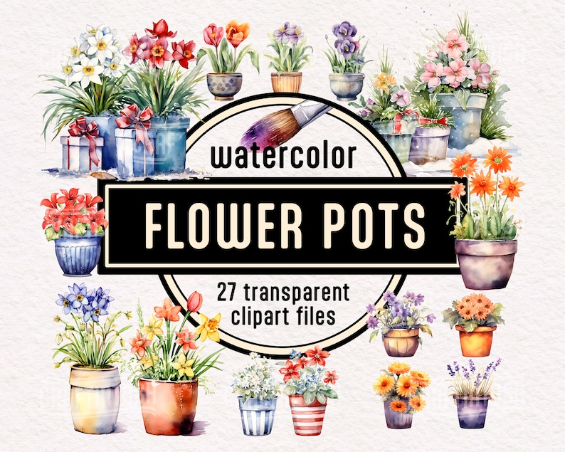 Watercolor Spring Flower Pots Clipart: Cottagecore Potted Plant PNG ...