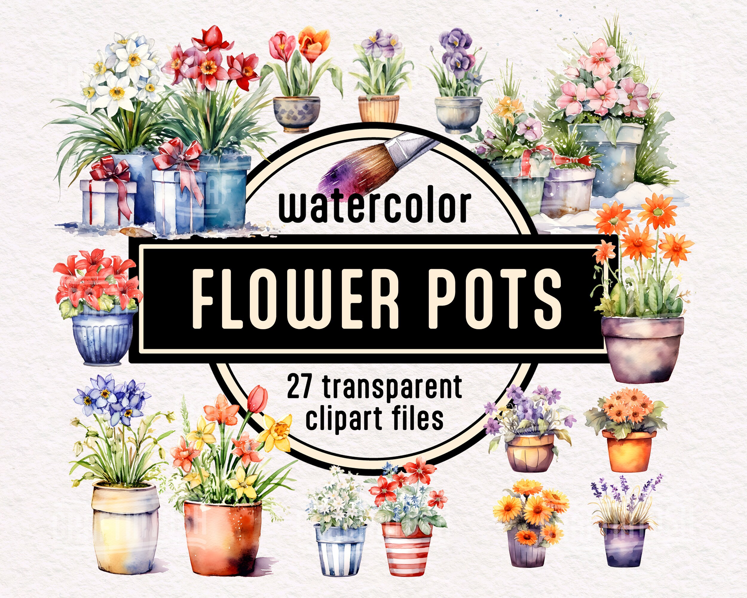 Watercolor Spring Flower Pots Clipart: Cottagecore Potted Plant PNG ...