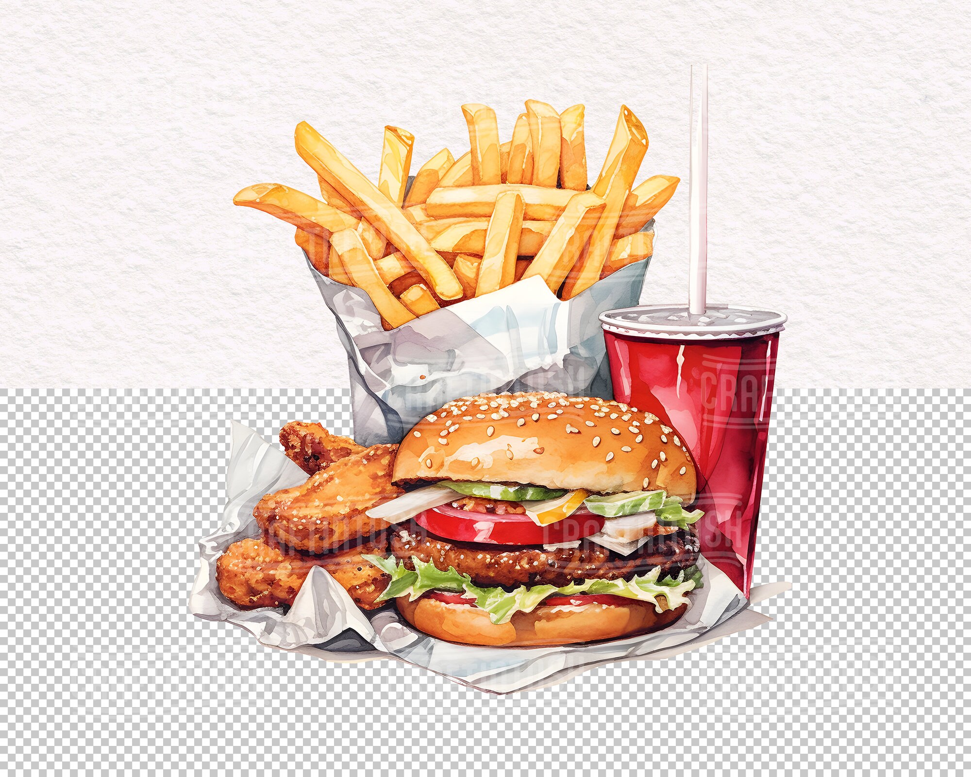 Watercolor Fast Food Clipart - Burger Clipart French Fries Potato Chips ...