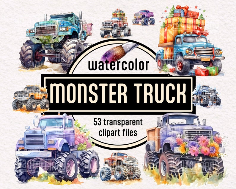Watercolor Monster Truck Clip Art 53 PNG Set - Digital Graphics ...