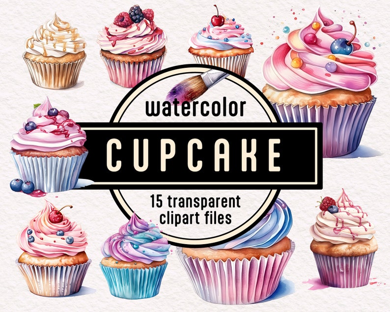 Watercolor Cupcake PNG Clip Art, Baking Clipart, Dessert Clipart, Food ...