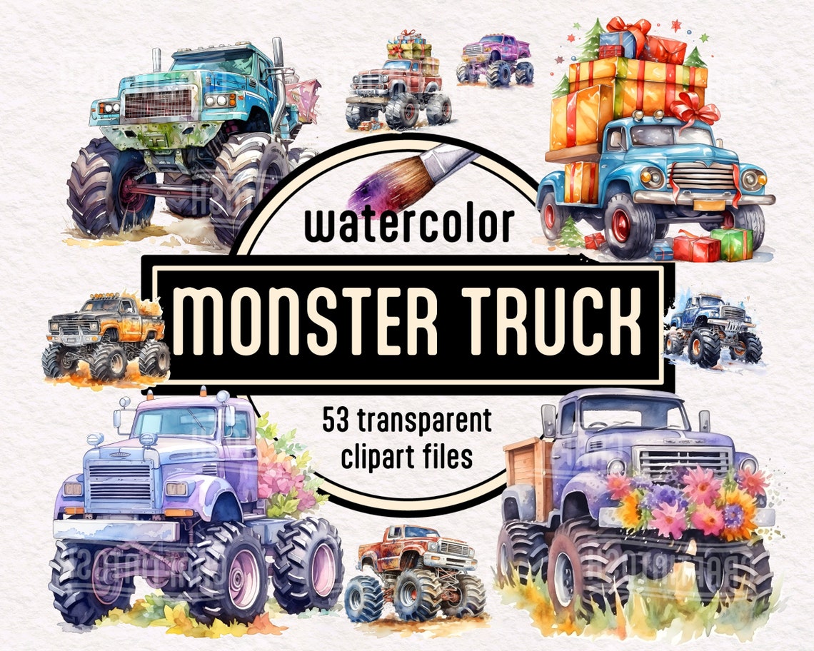 Watercolor Monster Truck Clip Art 53 PNG Set Digital Graphics, Instant ...