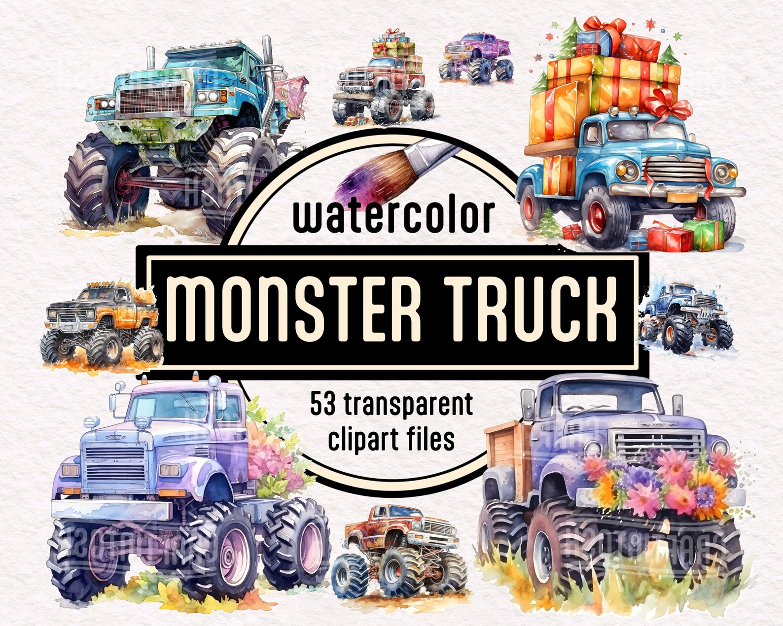 Watercolor Monster Truck Clip Art 53 PNG Set Digital Graphics, Instant ...