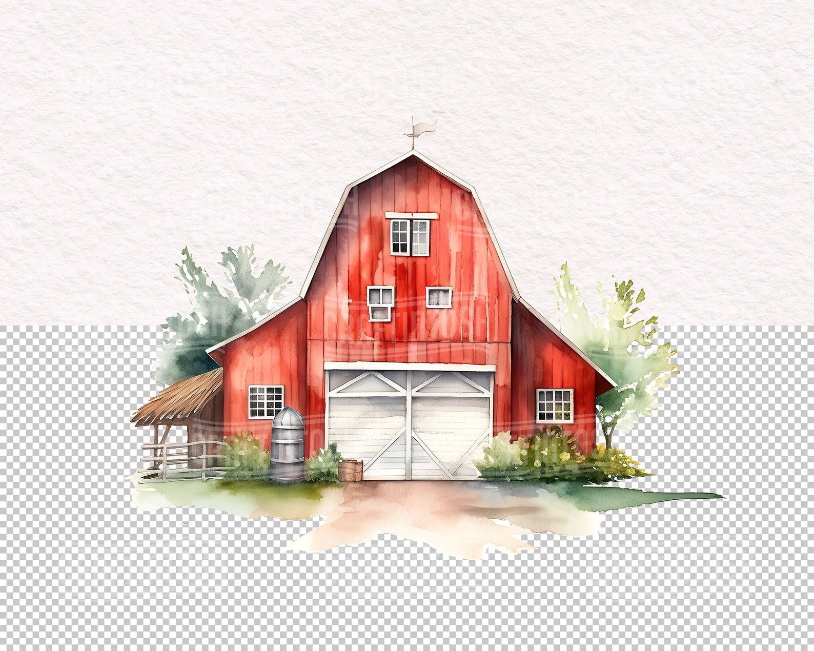 Red Farm Barn Clipart Watercolor Barn Traditional Farmers House ...