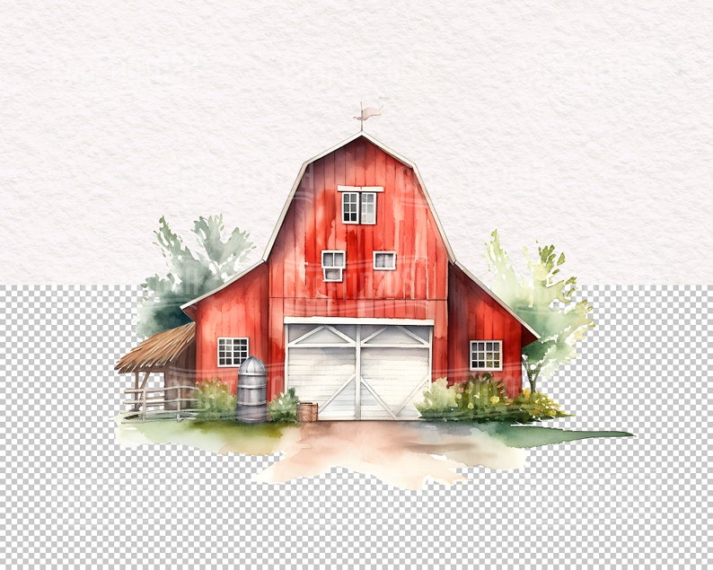 Red Farm Barn Clipart Watercolor Barn Traditional Farmers House ...