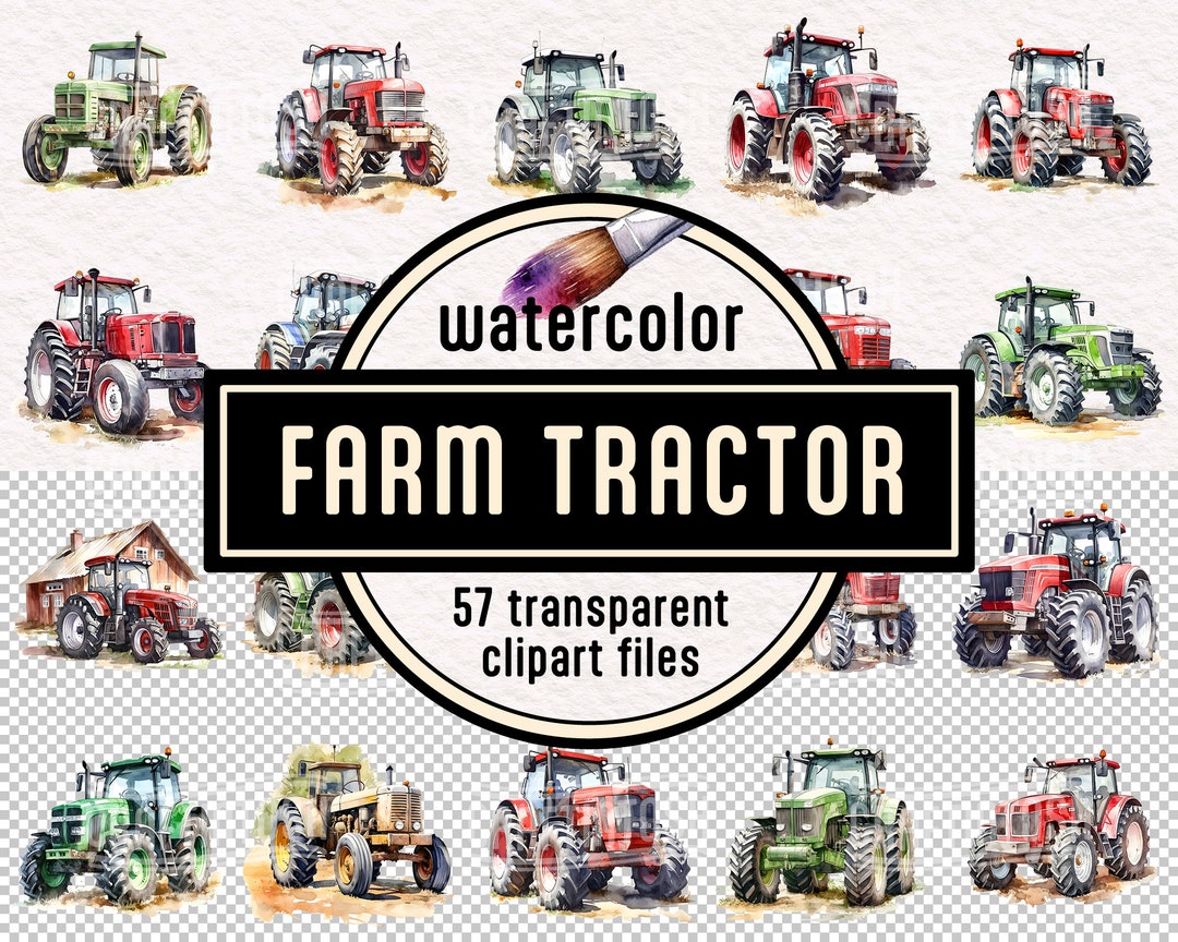 Watercolor Red Yellow Green Tractor Clipart PNG Set - Digital Graphics ...