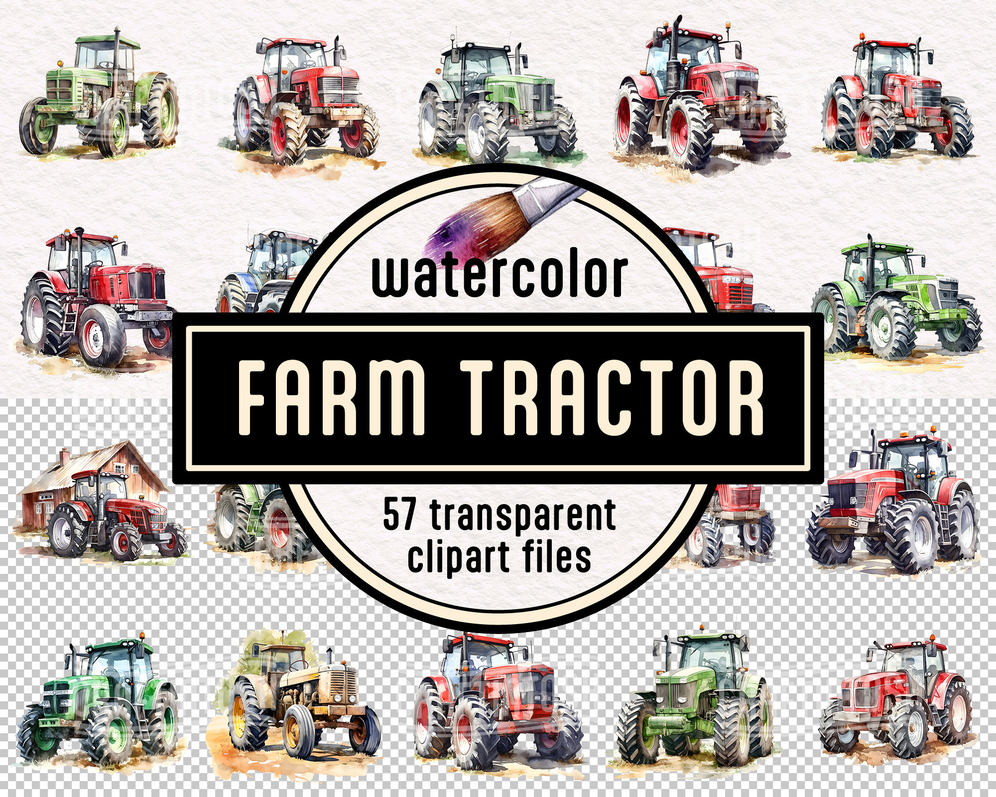 Watercolor Red Yellow Green Tractor Clipart PNG Set - Digital Graphics ...