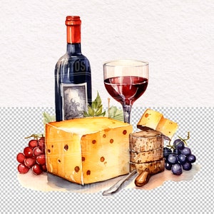 Watercolor Wine and Cheese Clipart Bundle PNG Cheese Board Wine Grapes ...