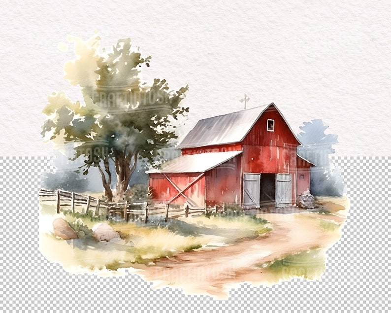 Red Farm Barn Clipart Watercolor Barn Traditional Farmers House ...