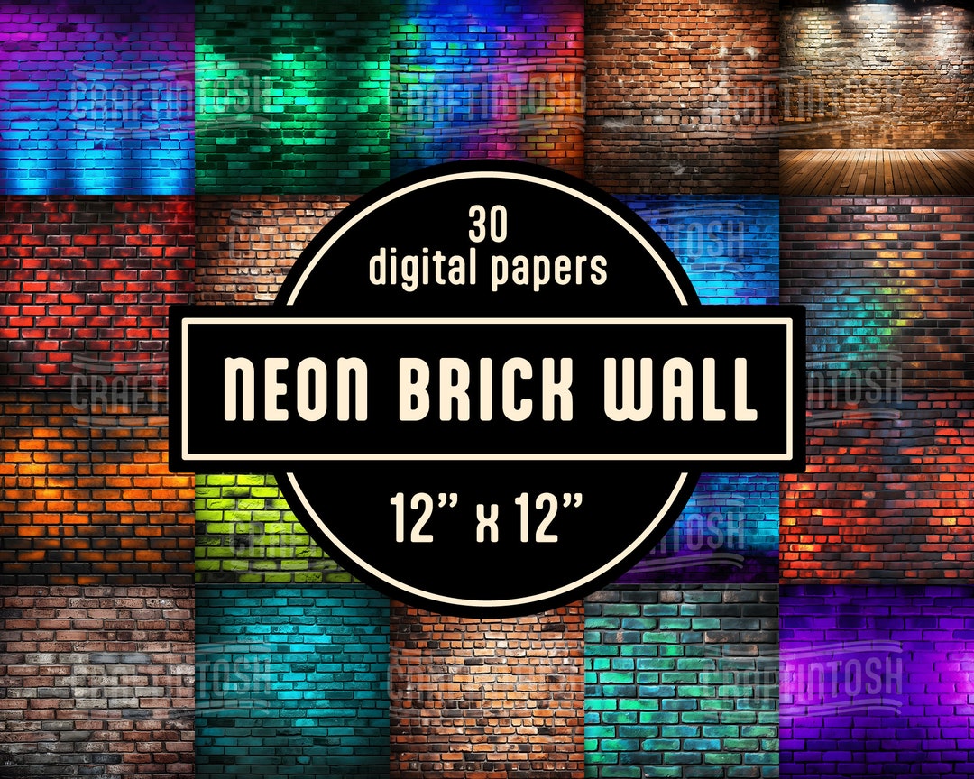 Neon Brick Wall Textures Papers Art Set - 30 PNG Digital Graphics ...