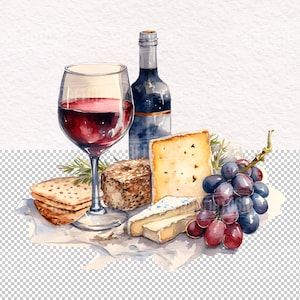 Watercolor Wine and Cheese Clipart Bundle PNG Cheese Board Wine Grapes ...
