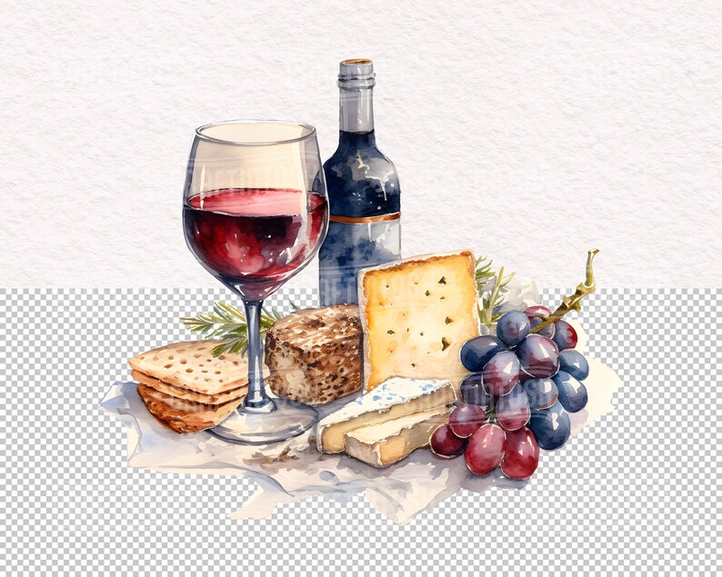 Watercolor Wine and Cheese Clipart Bundle - PNG Cheese Board Wine ...