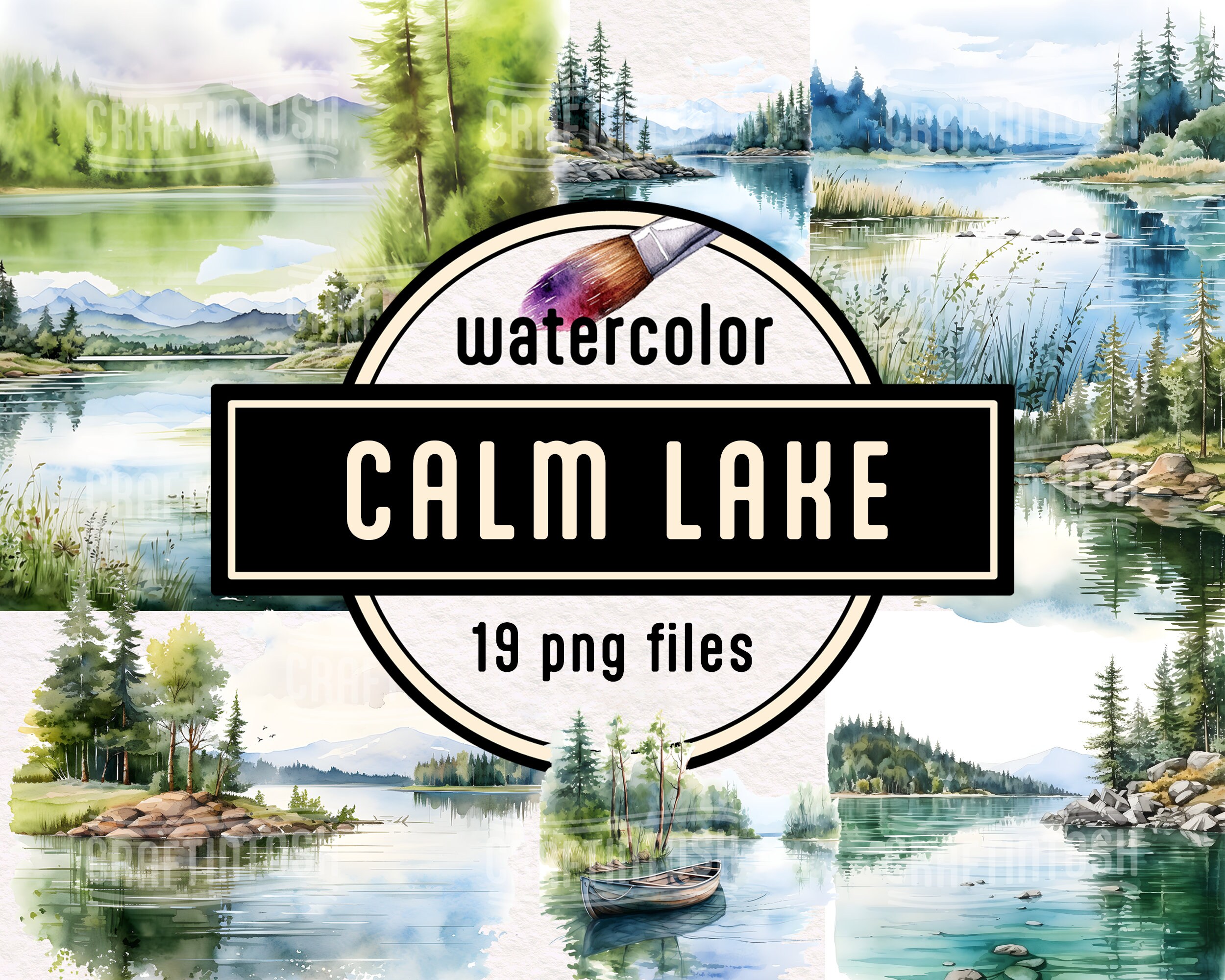 Calm Lake Watercolor Clipart Bundle - Forest Lake Background PNG Clip ...