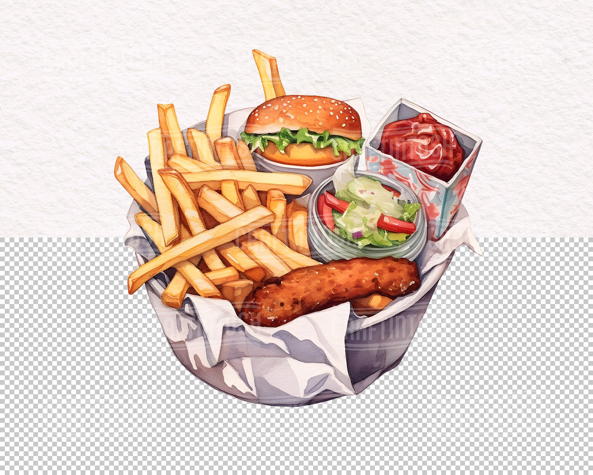 Watercolor Fast Food Clipart - Burger Clipart French Fries Potato Chips ...