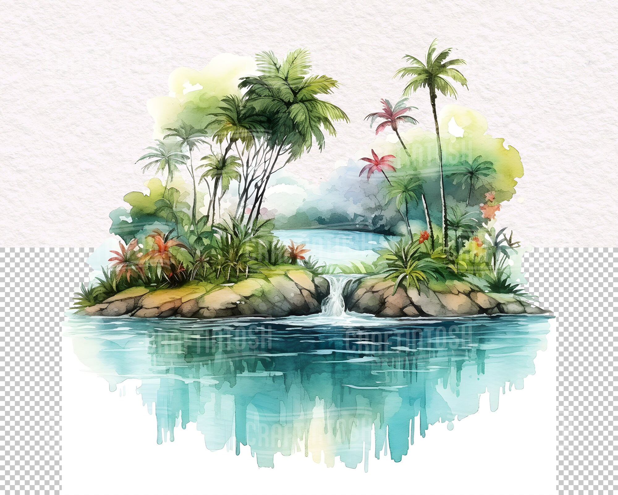 Watercolor Lush Tropical Island Clipart: PNG Palm Trees Private Island ...