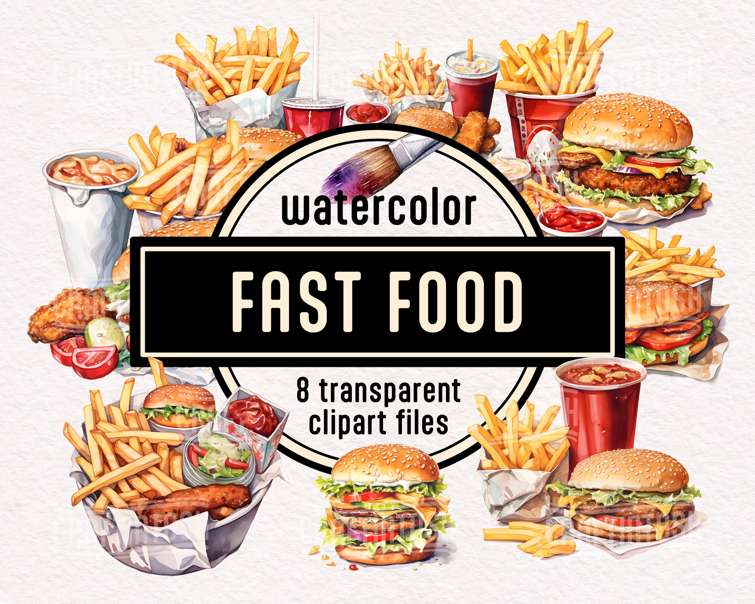 Watercolor Fast Food Clipart - Burger Clipart French Fries Potato Chips ...