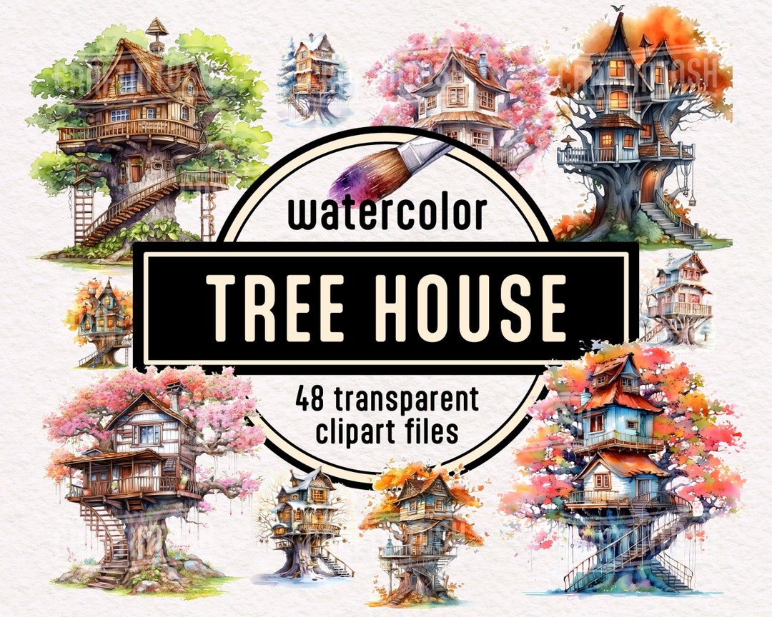 Watercolor Tree House Clipart - Transparent 4 Seasons Tree Art ...