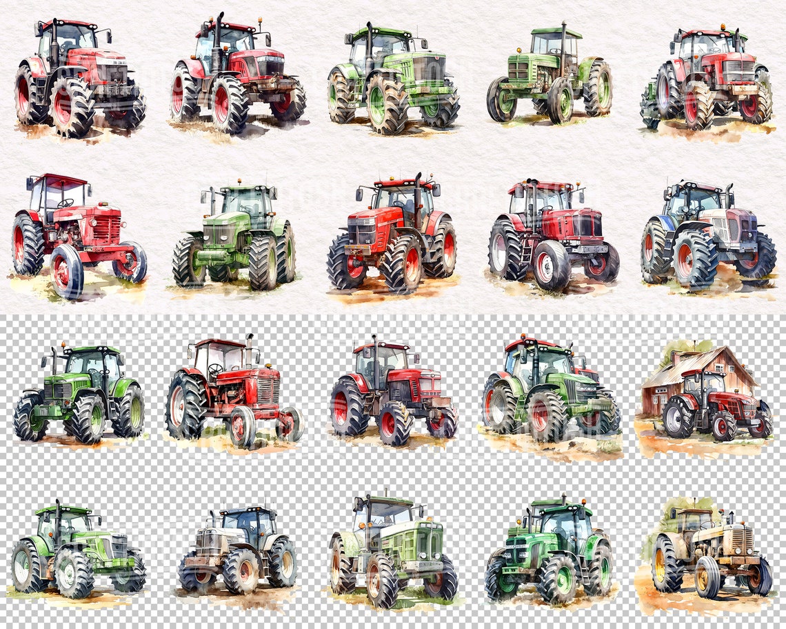Watercolor Red Yellow Green Tractor Clipart PNG Set - Digital Graphics ...