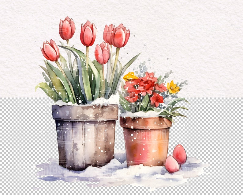 Watercolor Spring Flower Pots Clipart: Cottagecore Potted Plant PNG ...