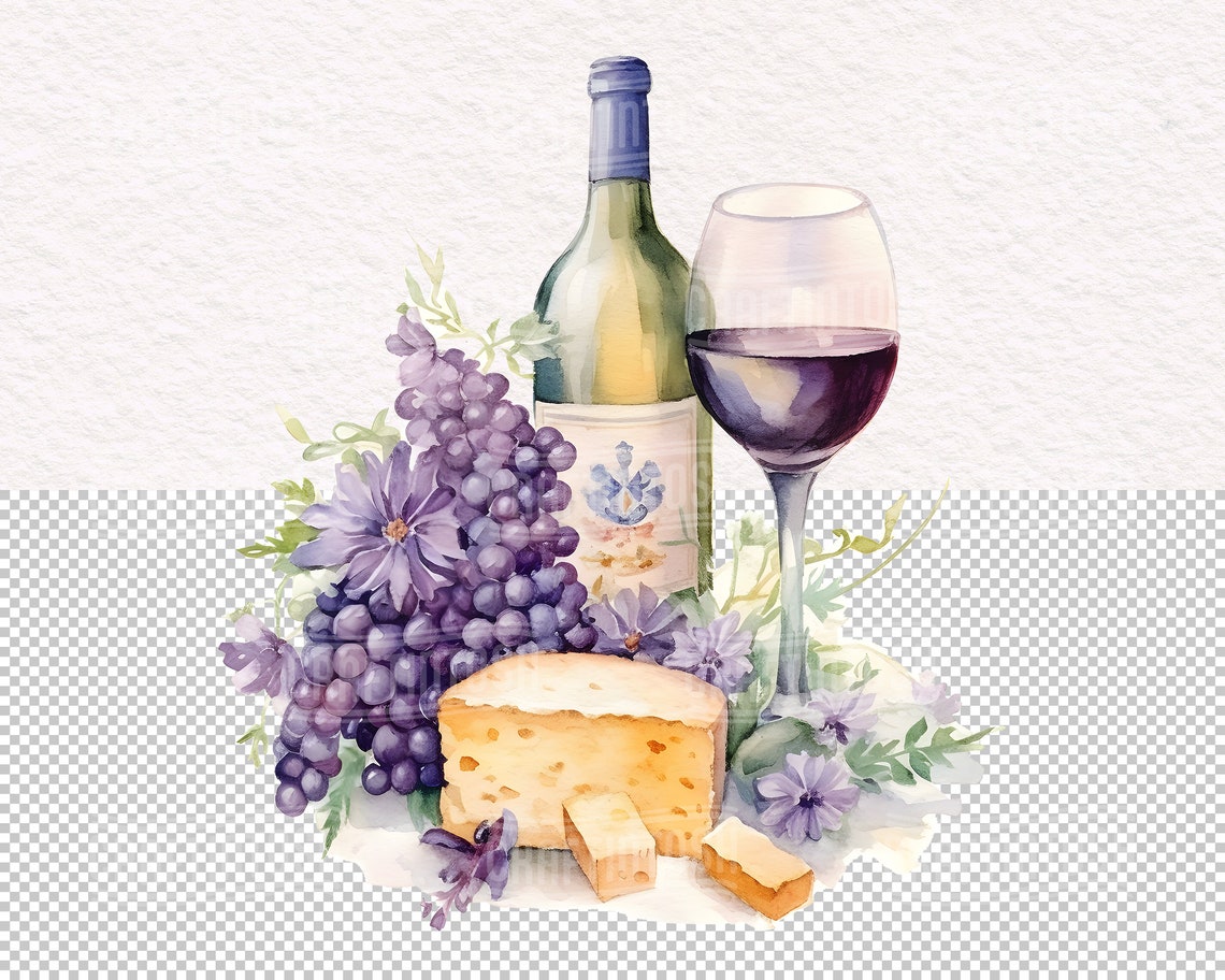 Watercolor Wine and Cheese Clipart Bundle - PNG Cheese Board Wine ...