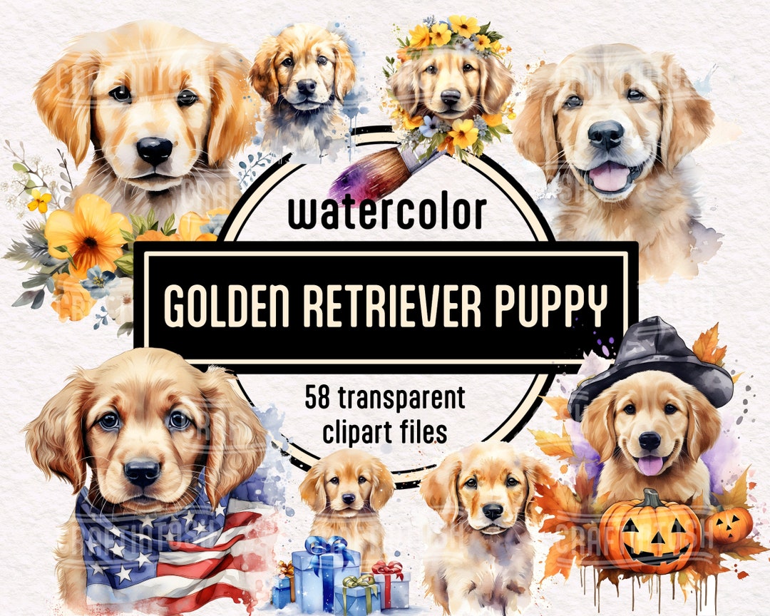 Watercolor Golden Retriever Puppies Clipart - Dog PNG With Flower ...