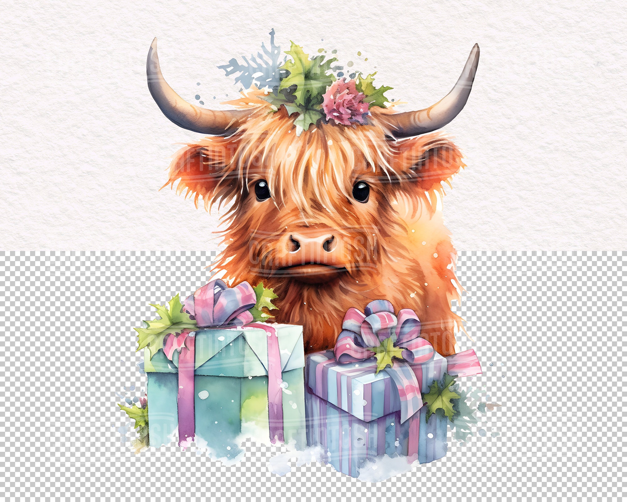 Baby Highland Cow Watercolor Clipart Set - 28 Transparent PNG Boho Baby ...