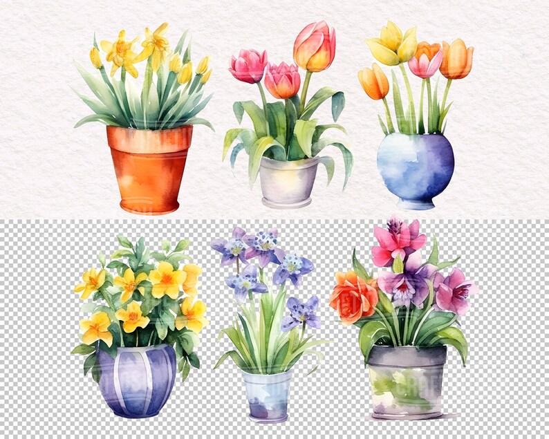 Watercolor Spring Flower Pots Clipart: Cottagecore Potted Plant PNG ...