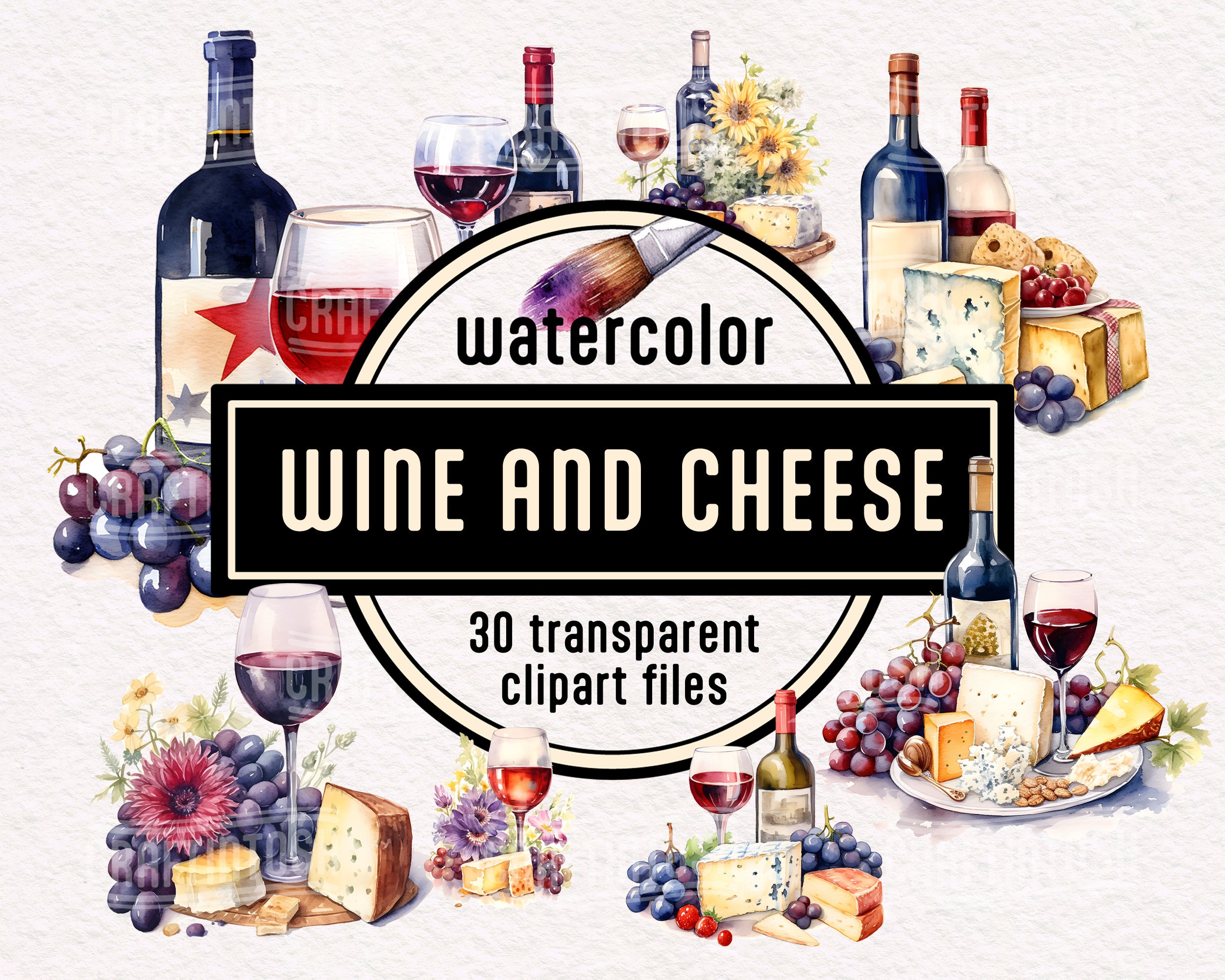Watercolor Wine and Cheese Clipart Bundle PNG Cheese Board Wine Grapes ...