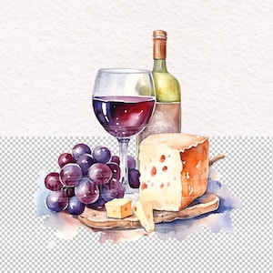 Watercolor Wine and Cheese Clipart Bundle - PNG Cheese Board Wine ...