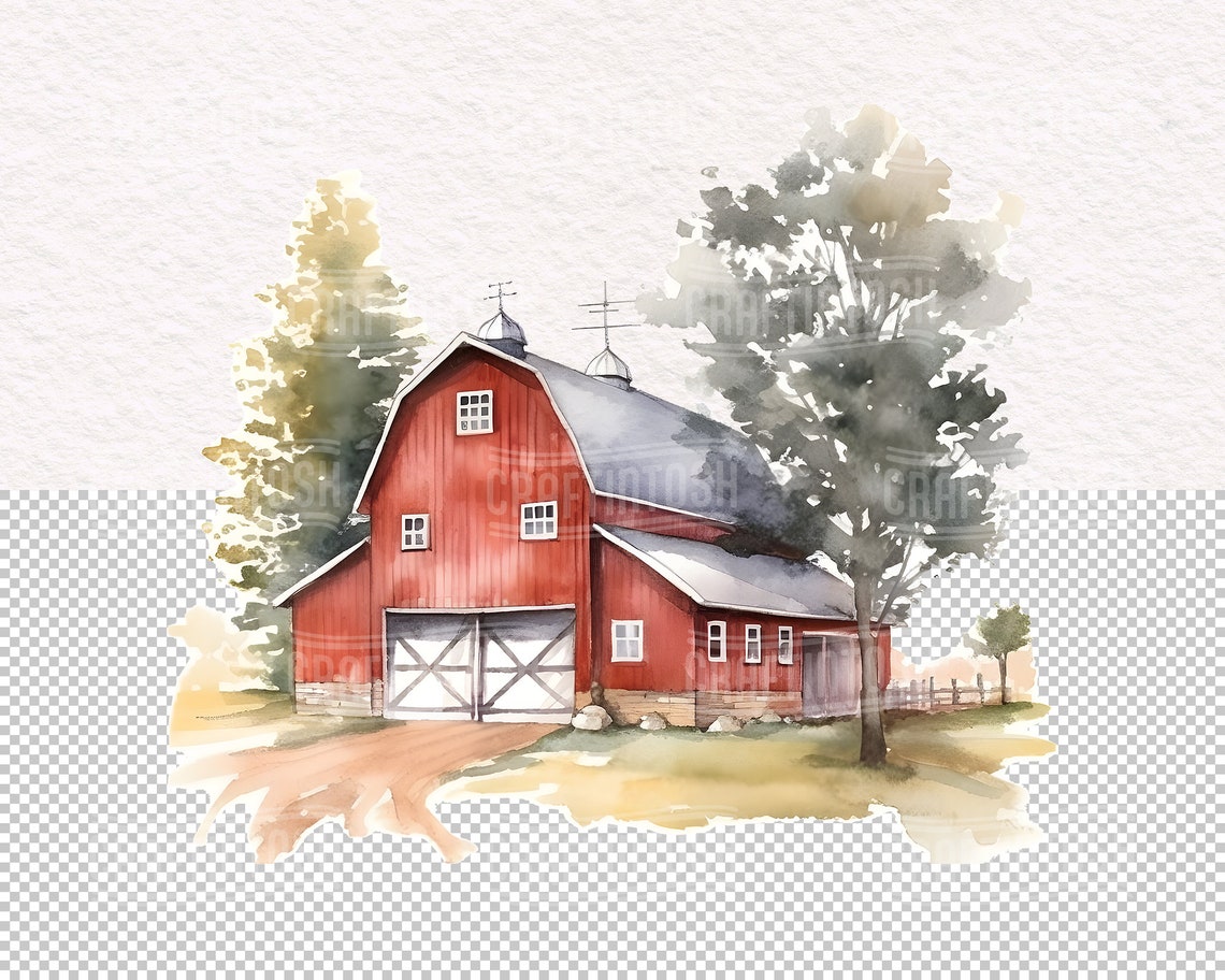 Red Farm Barn Clipart Watercolor Barn Traditional Farmers House ...