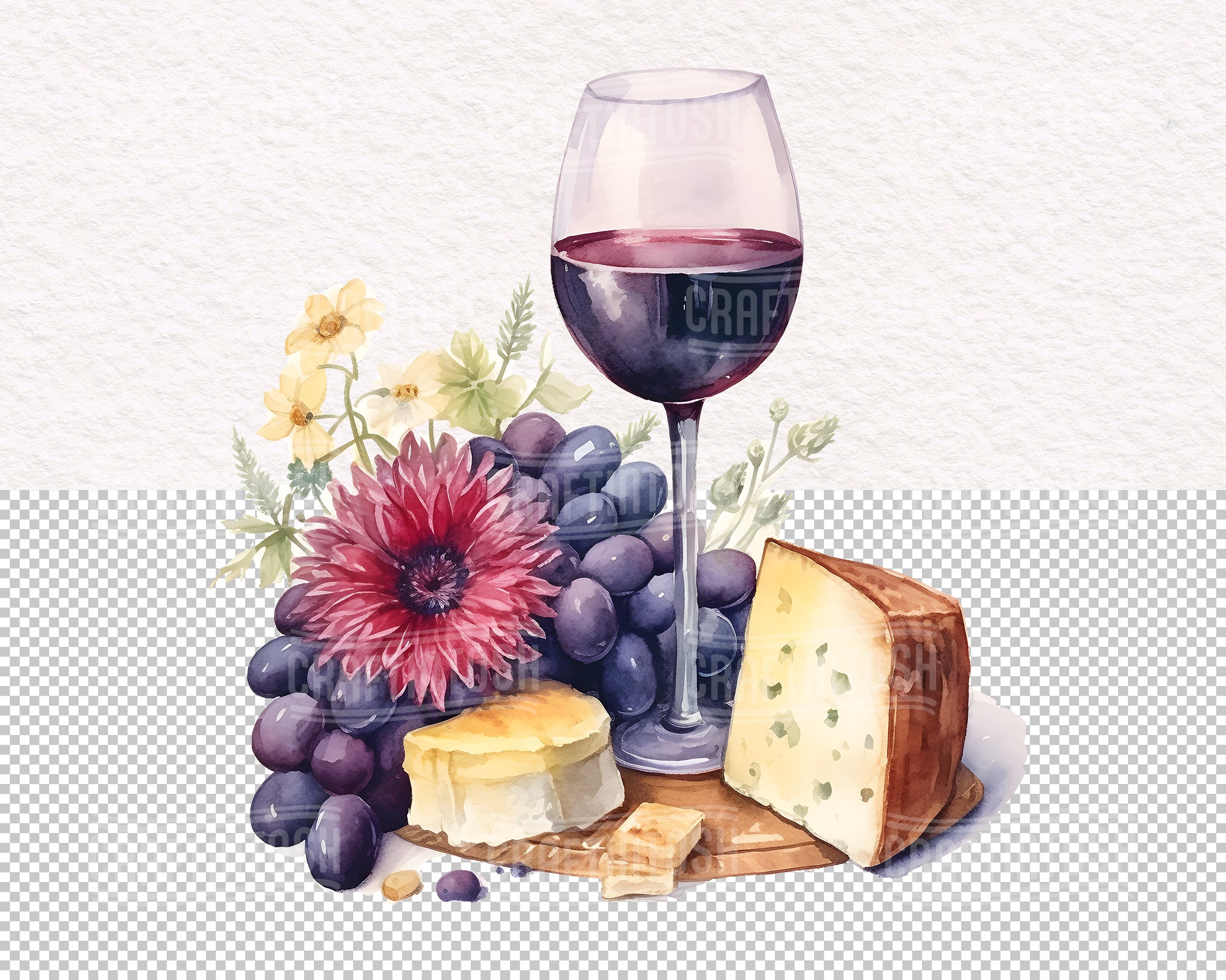 Watercolor Wine and Cheese Clipart Bundle PNG Cheese Board Wine Grapes ...