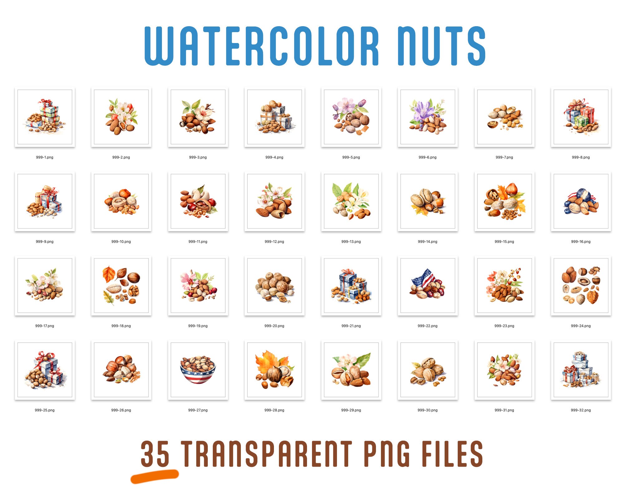 Watercolor Nuts Clipart Bundle: PNG Autumn Harvest Walnut Peanut ...