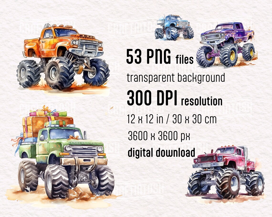 Watercolor Monster Truck Clip Art 53 PNG Set Digital Graphics, Instant ...