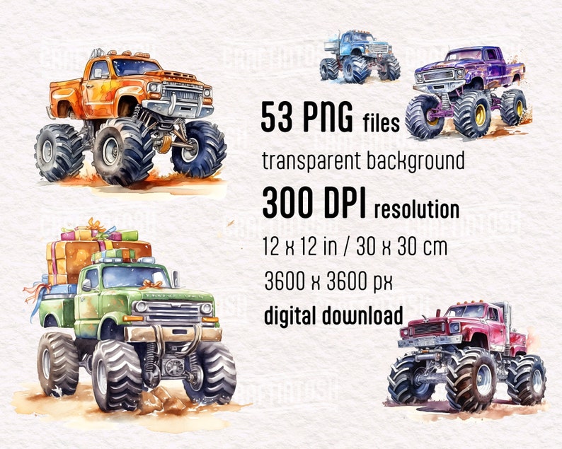 Watercolor Monster Truck Clip Art 53 PNG Set Digital Graphics, Instant ...
